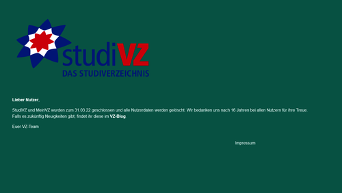 Die sozialen Netzwerke StudiVZ und meinVZ abgeschaltet: Yreal